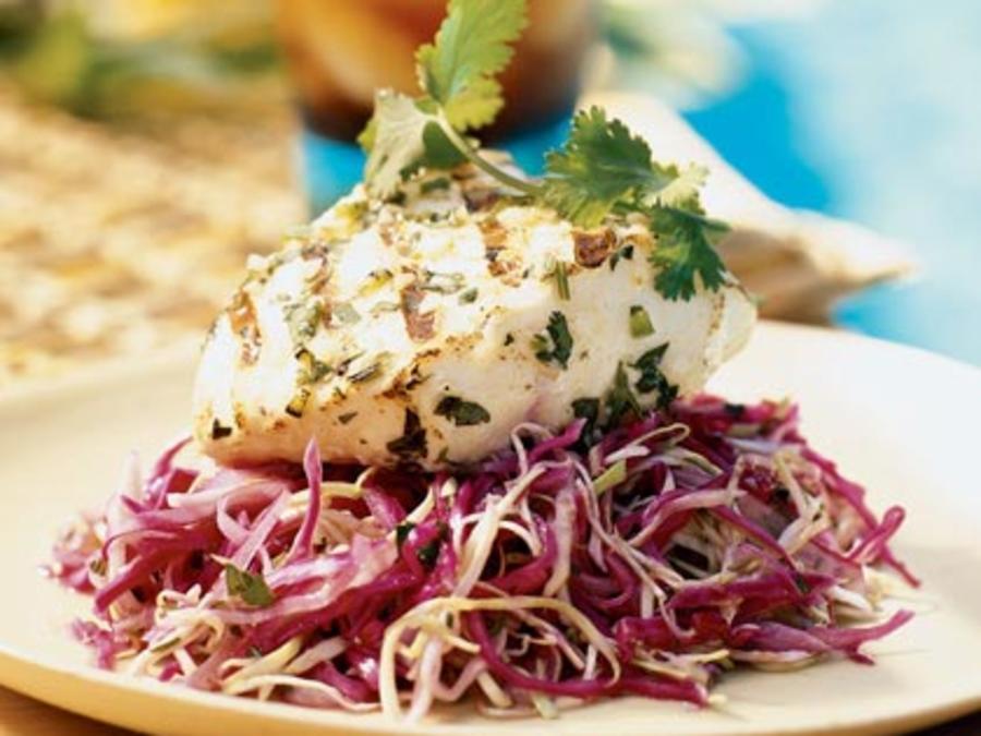 Grilled Fish on Cilantro-Chili Slaw Recipe - Sunset Magazine