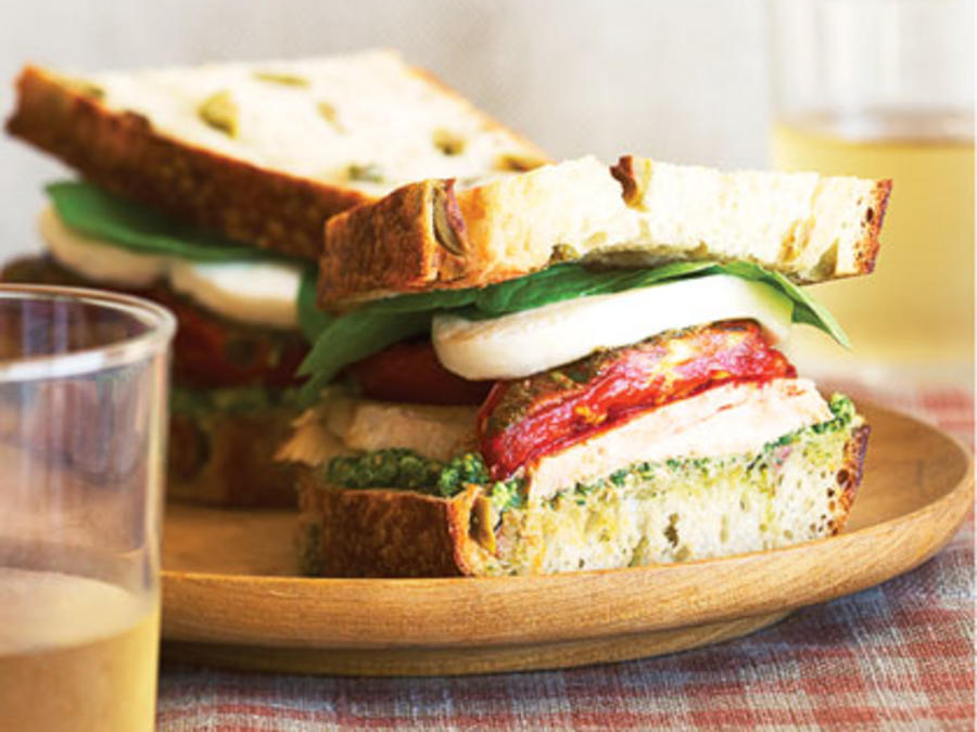 Turkey sandwiches & Roasted Romas, Fresh Mozzarella, & Arugula-Walnut ...